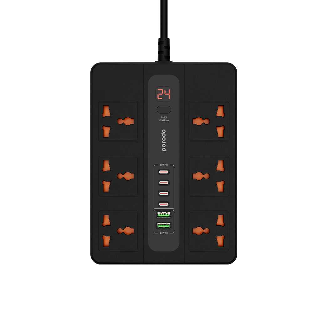 Porodo Multi-Port Super Hub 6 AC ports, 2 USB-A 24W, and 4 USB-C PD 36